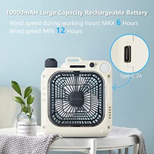 Camping Table Fan with LED Light, Portable Outdoor Tent Fan with 240° Rotation and Hook, 10000mAH USB Rechargeable Personal Desk Fan with 3 Lighting Modes and Stepless Wind Speed for Camping Travel