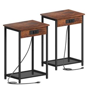 Yoobure Side Table with Charging Station, End Tables Living Room Set of 2, Industrial 2 Tier Nightstand with USB Ports, Rustic Narrow Bedside Table with Storage Shelf for Bedroom, Office, Small Spaces