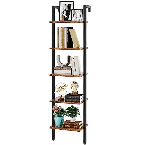 YMYNY 5 Tiers Ladder Bookcase, Industrial Wall Mounted Bookshelf, Open Display Rack with Metal Frame, Wooden Storage Shelves for Bedroom, Home Office, Plant Stand, Rustic Brown, 70*17.3*11.8"UHBC015H