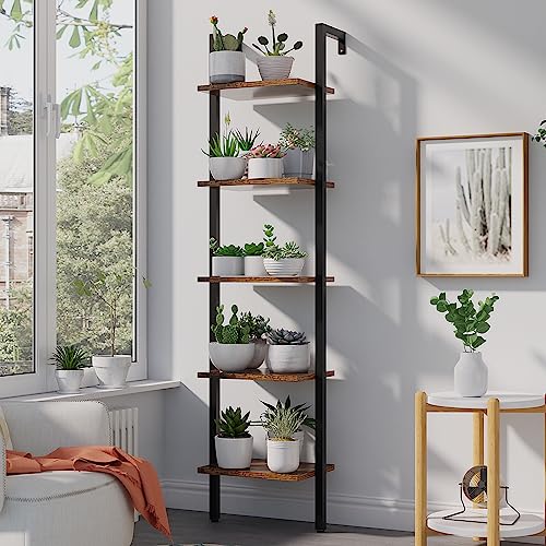 YMYNY 5 Tiers Ladder Bookcase, Industrial Wall Mounted Bookshelf, Open Display Rack with Metal Frame, Wooden Storage Shelves for Bedroom, Home Office, Plant Stand, Rustic Brown, 70*17.3*11.8"UHBC015H