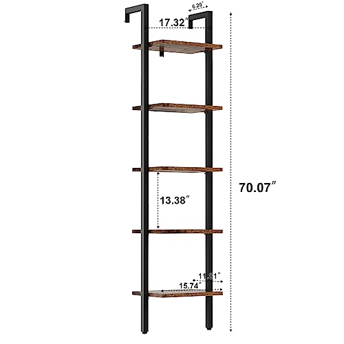 YMYNY 5 Tiers Ladder Bookcase, Industrial Wall Mounted Bookshelf, Open Display Rack with Metal Frame, Wooden Storage Shelves for Bedroom, Home Office, Plant Stand, Rustic Brown, 70*17.3*11.8"UHBC015H