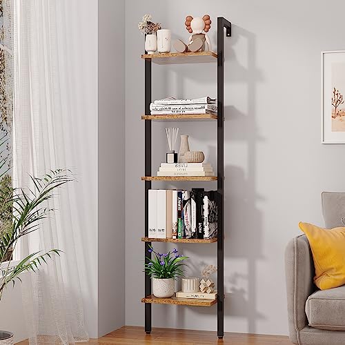 YMYNY 5 Tiers Ladder Bookcase, Industrial Wall Mounted Bookshelf, Open Display Rack with Metal Frame, Wooden Storage Shelves for Bedroom, Home Office, Plant Stand, Rustic Brown, 70*17.3*11.8"UHBC015H