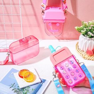 Honeydak 3 Pcs Cute Water Bottles with Straws Camera Ice Cream Bar Watermelon Adjustable Strap Plastic Water Bottle for School Kids (Novel Style,Pink)