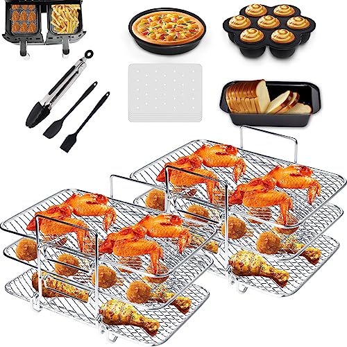 Air Fryer Accessories Compatible with Ninja Tower AF300UK AF400UK Most 7.6L-9.5L Dual Air Fryers, 9Pcs Including Racks, 100Pcs Paper Liners, Pizza Pan, Cake and Egg Mold etc