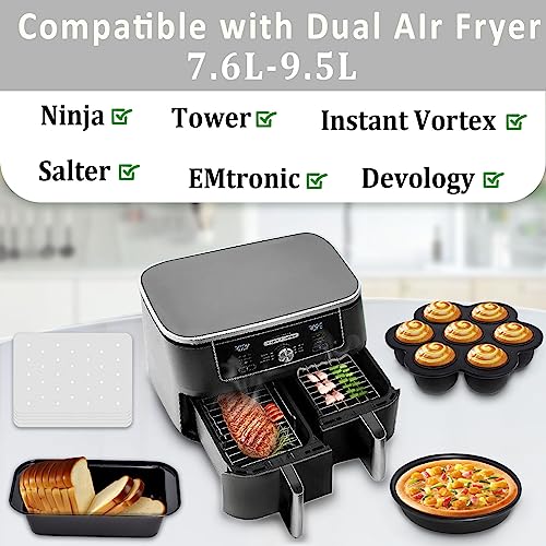 Air Fryer Accessories Compatible with Ninja Tower AF300UK AF400UK Most 7.6L-9.5L Dual Air Fryers, 9Pcs Including Racks, 100Pcs Paper Liners, Pizza Pan, Cake and Egg Mold etc