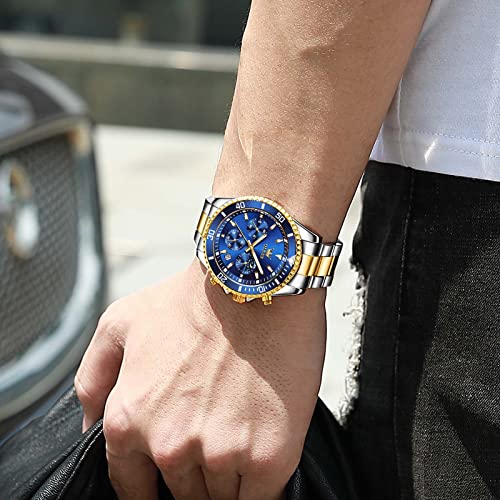 OLEVS Blue Watches for Men Watch Men Gold and Silver Stainless Steel Watches for Men Big Face Luxury Watches for Men Quartz Reloj para Hombre