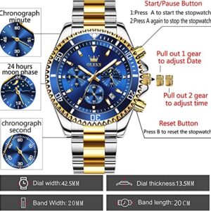 OLEVS Blue Watches for Men Watch Men Gold and Silver Stainless Steel Watches for Men Big Face Luxury Watches for Men Quartz Reloj para Hombre