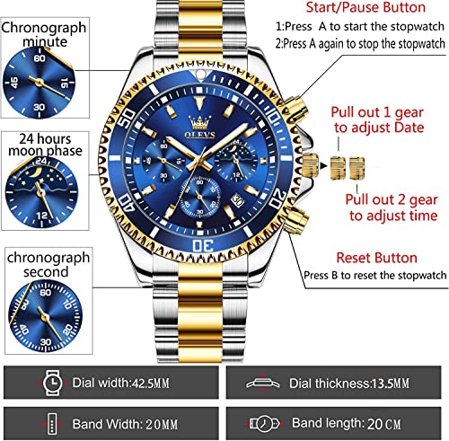 OLEVS Blue Watches for Men Watch Men Gold and Silver Stainless Steel Watches for Men Big Face Luxury Watches for Men Quartz Reloj para Hombre