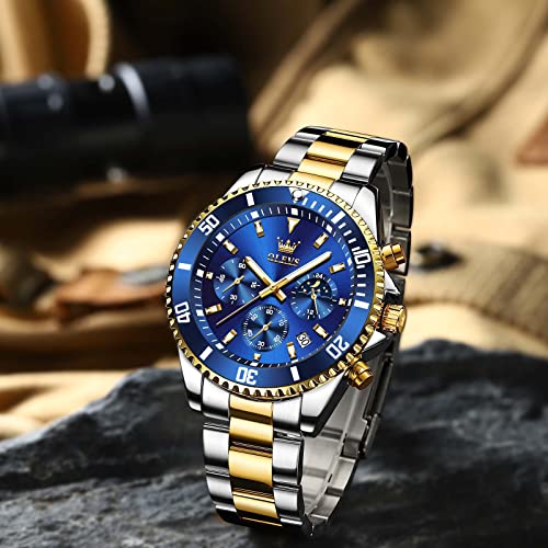 OLEVS Blue Watches for Men Watch Men Gold and Silver Stainless Steel Watches for Men Big Face Luxury Watches for Men Quartz Reloj para Hombre