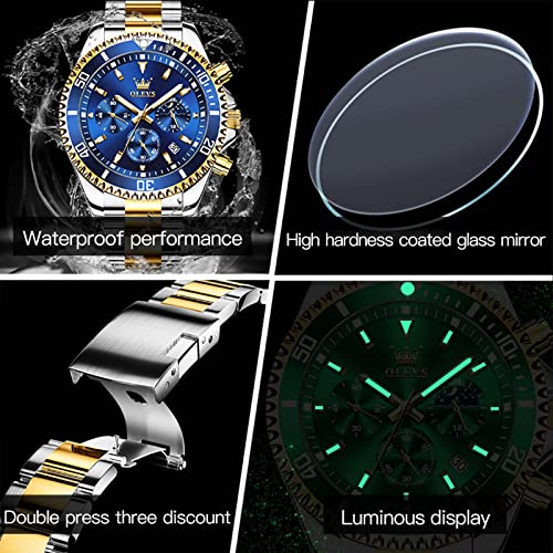 OLEVS Blue Watches for Men Watch Men Gold and Silver Stainless Steel Watches for Men Big Face Luxury Watches for Men Quartz Reloj para Hombre