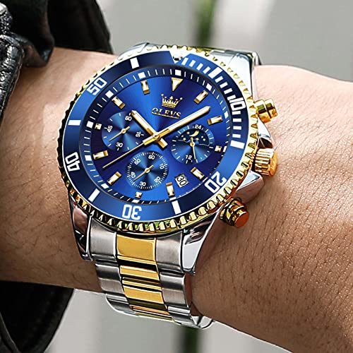 OLEVS Blue Watches for Men Watch Men Gold and Silver Stainless Steel Watches for Men Big Face Luxury Watches for Men Quartz Reloj para Hombre