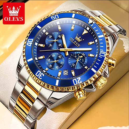 OLEVS Blue Watches for Men Watch Men Gold and Silver Stainless Steel Watches for Men Big Face Luxury Watches for Men Quartz Reloj para Hombre