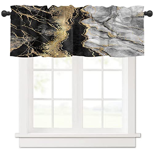 SIGOUYI Kitchen Curtains, Black White Gold Marble Valances for Windows, Bathroom Curtains Window 42x12in Short Curtains, Kitchen Window Curtains Over Sink, Rod Pocket Valance Curtains