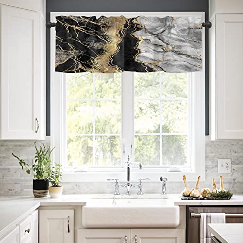 SIGOUYI Kitchen Curtains, Black White Gold Marble Valances for Windows, Bathroom Curtains Window 42x12in Short Curtains, Kitchen Window Curtains Over Sink, Rod Pocket Valance Curtains