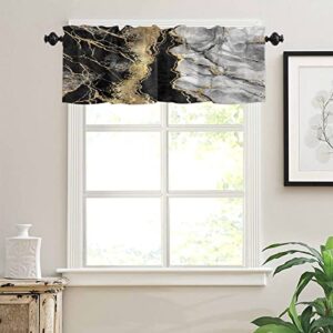 SIGOUYI Kitchen Curtains, Black White Gold Marble Valances for Windows, Bathroom Curtains Window 42x12in Short Curtains, Kitchen Window Curtains Over Sink, Rod Pocket Valance Curtains