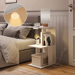 MAHANCRIS End Table with Charging Station, Narrow Side Table for Small Spaces, Sofa Couch Table with Storage Shelf, Slim Nightstand with Light, Beside Table for Bedroom, Living Room, White ETWT18E01Z