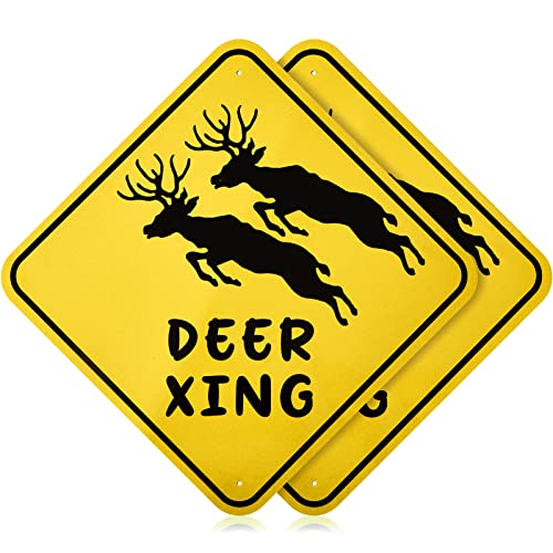 Therwen 2 Pcs Deer Xing Crossing Sign 12 x 12 Inch Animal Deer Road Sign Aluminum Reflective Black on Yellow Metal Sign Weatherproof Rust Fade Resistant Easy Mounting for Outdoor Use