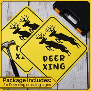 Therwen 2 Pcs Deer Xing Crossing Sign 12 x 12 Inch Animal Deer Road Sign Aluminum Reflective Black on Yellow Metal Sign Weatherproof Rust Fade Resistant Easy Mounting for Outdoor Use