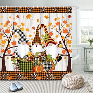 Belperan Fall Maple Leaves Gnome Shower Curtain,Autumn Buffalo Plaid Pumpkins Shower Curtain for Bathroom Decor,Rustic Waterproof Fabric Bathtubs Decor Set with 12 Hooks, 72 x 72 Inch