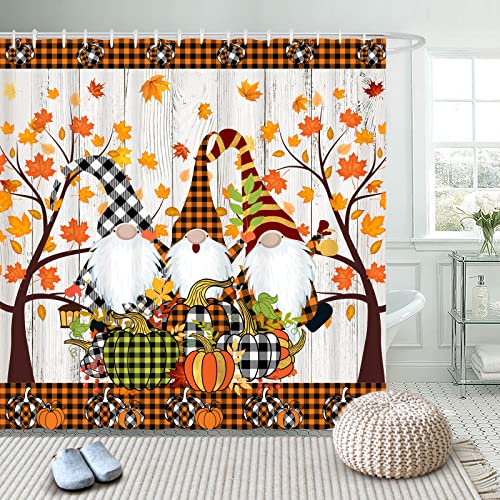 Belperan Fall Maple Leaves Gnome Shower Curtain,Autumn Buffalo Plaid Pumpkins Shower Curtain for Bathroom Decor,Rustic Waterproof Fabric Bathtubs Decor Set with 12 Hooks, 72 x 72 Inch