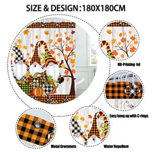 Belperan Fall Maple Leaves Gnome Shower Curtain,Autumn Buffalo Plaid Pumpkins Shower Curtain for Bathroom Decor,Rustic Waterproof Fabric Bathtubs Decor Set with 12 Hooks, 72 x 72 Inch