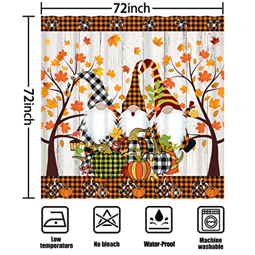 Belperan Fall Maple Leaves Gnome Shower Curtain,Autumn Buffalo Plaid Pumpkins Shower Curtain for Bathroom Decor,Rustic Waterproof Fabric Bathtubs Decor Set with 12 Hooks, 72 x 72 Inch