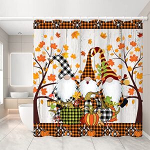 Belperan Fall Maple Leaves Gnome Shower Curtain,Autumn Buffalo Plaid Pumpkins Shower Curtain for Bathroom Decor,Rustic Waterproof Fabric Bathtubs Decor Set with 12 Hooks, 72 x 72 Inch