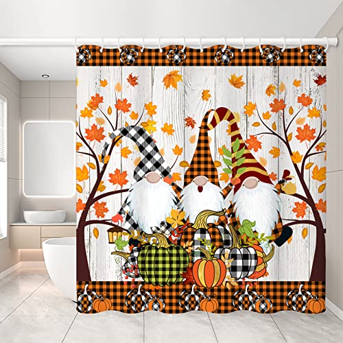 Belperan Fall Maple Leaves Gnome Shower Curtain,Autumn Buffalo Plaid Pumpkins Shower Curtain for Bathroom Decor,Rustic Waterproof Fabric Bathtubs Decor Set with 12 Hooks, 72 x 72 Inch