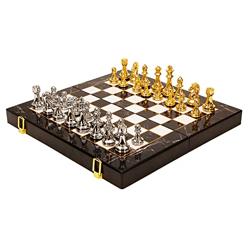 Chess Set, Large Metal Deluxe Travel Chess Set Adult Board Game with Alloy Pieces & Portable Folding Wooden Chess Board, Creative Gift