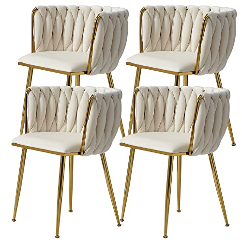 Tsuysi Velvet Dining Chairs Set of 4, Modern Dining Chair with Golden Metal Legs, Woven Upholstered Dining Chairs for Dining Room, Kitchen, Vanity, Living Room (Beige)