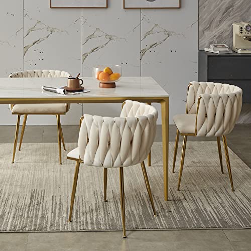 Tsuysi Velvet Dining Chairs Set of 4, Modern Dining Chair with Golden Metal Legs, Woven Upholstered Dining Chairs for Dining Room, Kitchen, Vanity, Living Room (Beige)