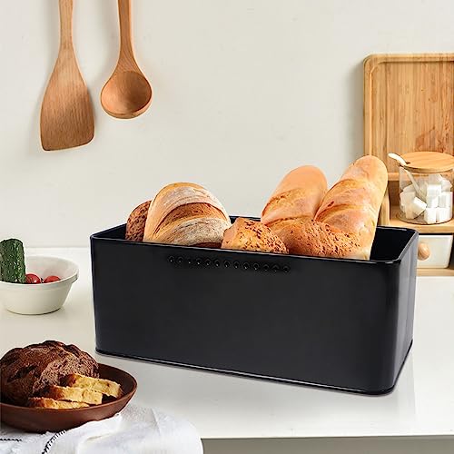 Bread Box for Kitchen Countertop, Metal Bread Box with Bamboo Cutting Lid, 50pcs Parchment Paper and Bread Tongs, for Homemade Bread Storage, Kitchen, Pantry, Freezer(Black)