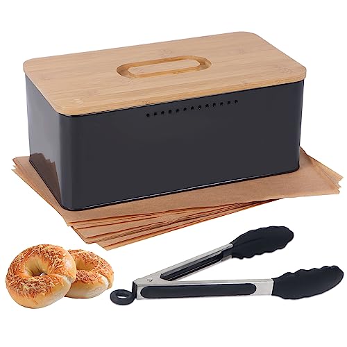 Bread Box for Kitchen Countertop, Metal Bread Box with Bamboo Cutting Lid, 50pcs Parchment Paper and Bread Tongs, for Homemade Bread Storage, Kitchen, Pantry, Freezer(Black)