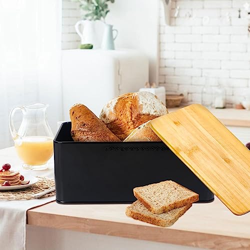 Bread Box for Kitchen Countertop, Metal Bread Box with Bamboo Cutting Lid, 50pcs Parchment Paper and Bread Tongs, for Homemade Bread Storage, Kitchen, Pantry, Freezer(Black)