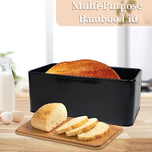 Bread Box for Kitchen Countertop, Metal Bread Box with Bamboo Cutting Lid, 50pcs Parchment Paper and Bread Tongs, for Homemade Bread Storage, Kitchen, Pantry, Freezer(Black)