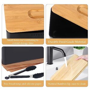 Bread Box for Kitchen Countertop, Metal Bread Box with Bamboo Cutting Lid, 50pcs Parchment Paper and Bread Tongs, for Homemade Bread Storage, Kitchen, Pantry, Freezer(Black)