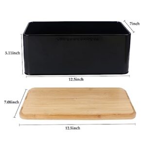 Bread Box for Kitchen Countertop, Metal Bread Box with Bamboo Cutting Lid, 50pcs Parchment Paper and Bread Tongs, for Homemade Bread Storage, Kitchen, Pantry, Freezer(Black)