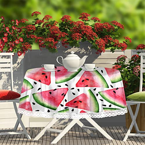 Red Pink Watermelon Round Tablecloth with Lace Trim Spring Summer Tablecloths Polyester Table Cover Waterproof Wipeable Table Cloth Linen for Kitchen, Fits Tables 60 inch Diameter