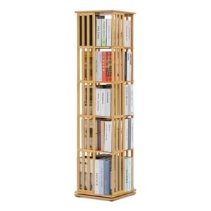 magshion rotating bookcase 4-tier corner shelf bamboo media storage, 59.8" high revolving floor standing storage organizer living room bedroom 360 degree rotating storage (natural, stripe guardrail)