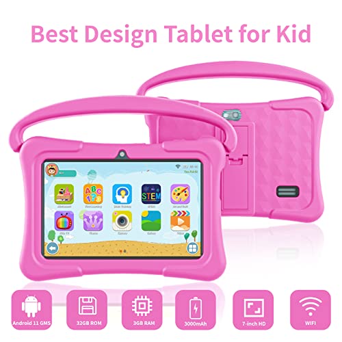 WXUNJA Kids Tablet, 7 inch Android Tablet for Kids, 3GB 32GB Toddler Tablet with Bluetooth, GMS, WiFi, Parental Control, Dual Camera, Shockproof Case, Educational, Games (Pink)