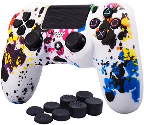 Silicone Cover Skin Case Shell for PS4 Sony Playstation 4 Slim/Pro Dualshock 4 Controller Cover with Pro Thumb Grips x 8 (Graffiti-White)