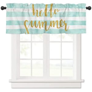 vograud valances for windows, hello summer gold round spots on blue and white stripes rod pocket kitchen curtains valances, short window valances for living room bathroom 42” x 18”