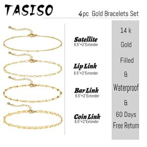 Tasiso Gold Bracelets for Women 14K Gold Jewelry for Women Cute Heart Beaded Bracelets for Women Lip Cuban Link Paperclip Chain Anklet Dainty Bracelet Pack Gifts for Women Girls