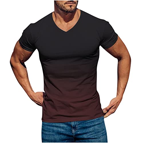 Muscularfit Casual Shirts for Men Fashion Short Sleeve V Neck Gradient Color Top Regular-Fit Big and Tall Sport Summer Shirt