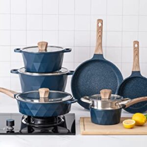 Country Kitchen Nonstick Induction Cookware Sets - 11 Piece Nonstick Cast Aluminum Pots and Pans with BAKELITE Handles - Induction Pots and Pans with Glass Lids (Navy)