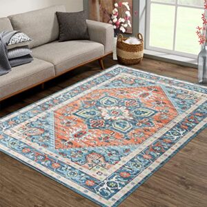 jolene.k area rug 8x10 vintage persian area rug indoor floor cover vintage distressed low-pile non-shedding area rug non-slip backing rug for bedroom laundry room, blue/orange, 8'x10'