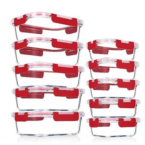 verones 10 pack glass meal prep containers, airtight glass lunch containers, stackable glass food storage containers set with lids,bpa-free, for microwave, oven, freezer & dishwasher friendly,red