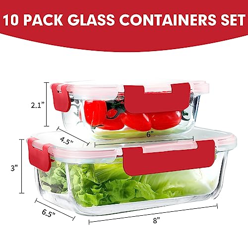 VERONES 10 Pack Glass Meal Prep Containers, Airtight Glass Lunch Containers, Stackable Glass Food Storage Containers Set with Lids,BPA-Free, for Microwave, Oven, Freezer & Dishwasher Friendly,Red