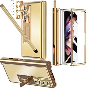 ninki compatible samsung galaxy z fold 3 phone case with screen protector & s pen,aluminum hinge protection stand case samsung z fold 3 case with s pen holder,galaxy fold 3 metal case with stand gold