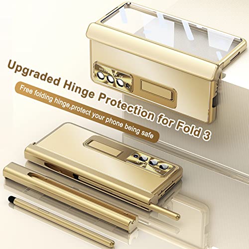 NINKI Compatible Samsung Galaxy Z Fold 3 Phone Case with Screen Protector & S Pen,Aluminum Hinge Protection Stand Case Samsung Z Fold 3 Case with S Pen Holder,Galaxy Fold 3 Metal Case with Stand Gold